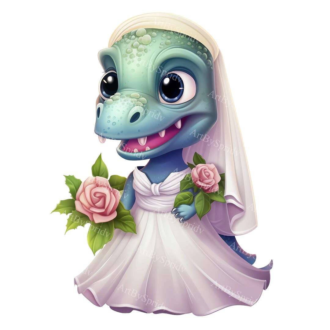 Bridal Dinosaur Clipart - T-rex in Wedding Dress Illustration, Cute Dino Wedding PNG ...