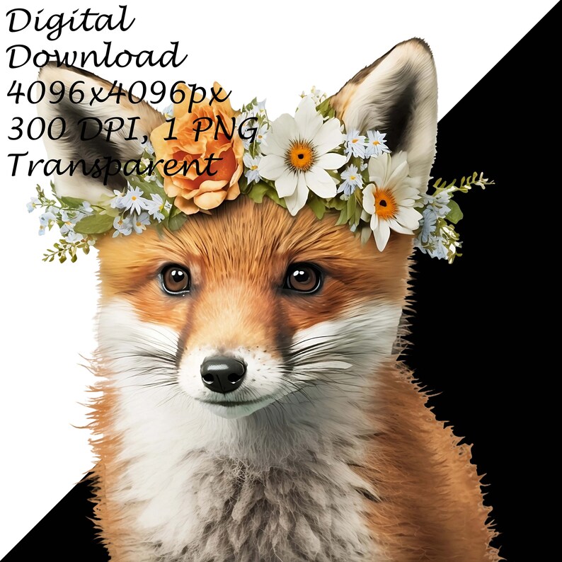 Baby Fox With Flower Crown Clipart, Woodland Animal PNG, Boho Fox ...