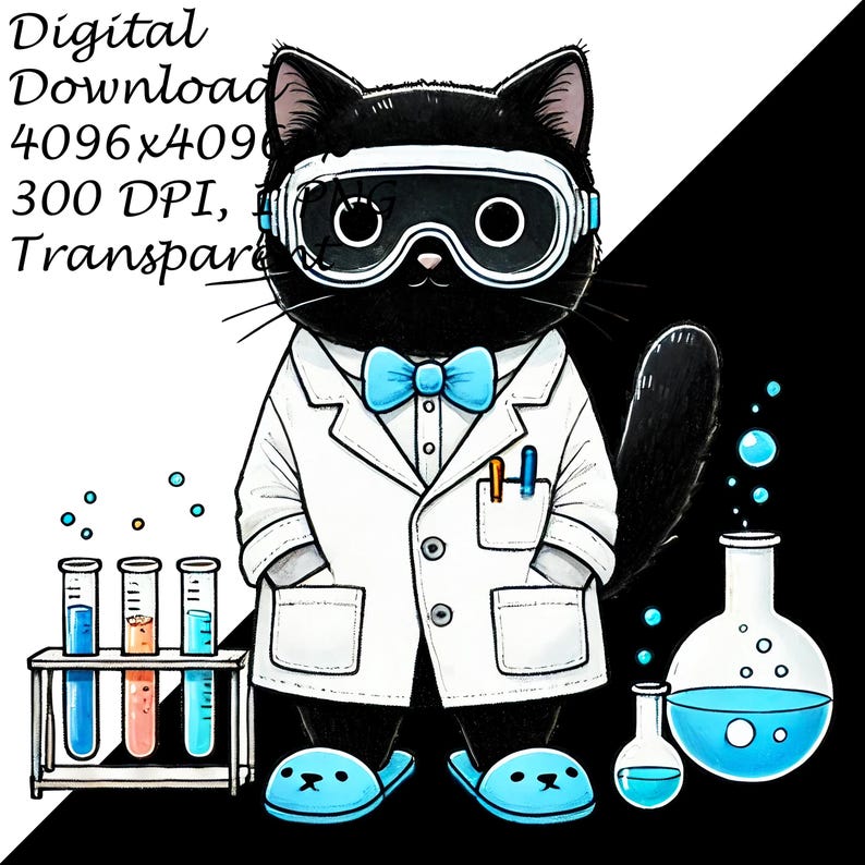 Scientist Cat Clipart PNG, Cute Black Cat in Lab Coat & Goggles, Fun ...