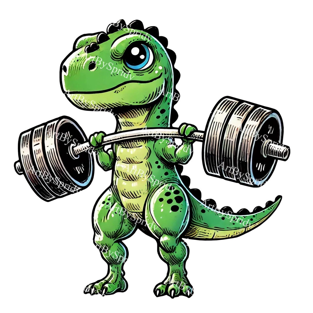 T-rex Dinosaur Lifting Weights PNG Clipart, Strong Green Cartoon Dino ...