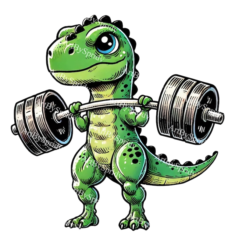 T-rex Dinosaur Lifting Weights PNG Clipart, Strong Green Cartoon Dino ...