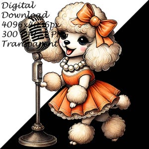 Retro Singing Poodle Clipart – Elegant Vintage Microphone Dog Clip Art ...