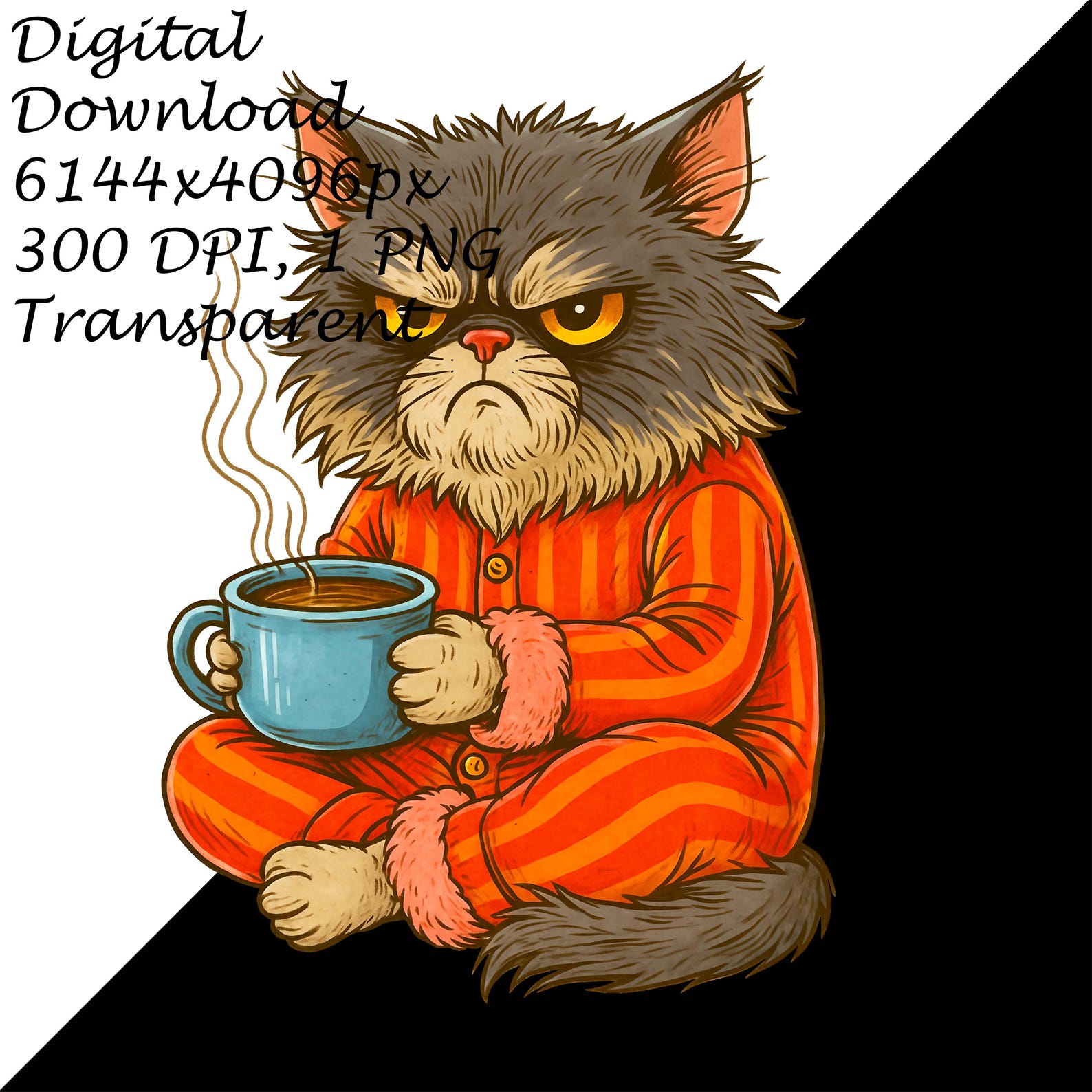 Grumpy Morning Cat PNG, Tired Cat in Pajamas Drinking Coffee Clipart ...