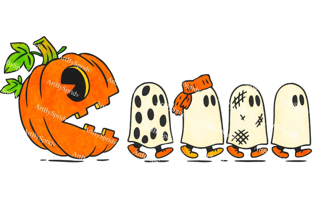 Pumpkin Chasing Walking Ghosts PNG - Cute Halloween Clipart, Retro ...