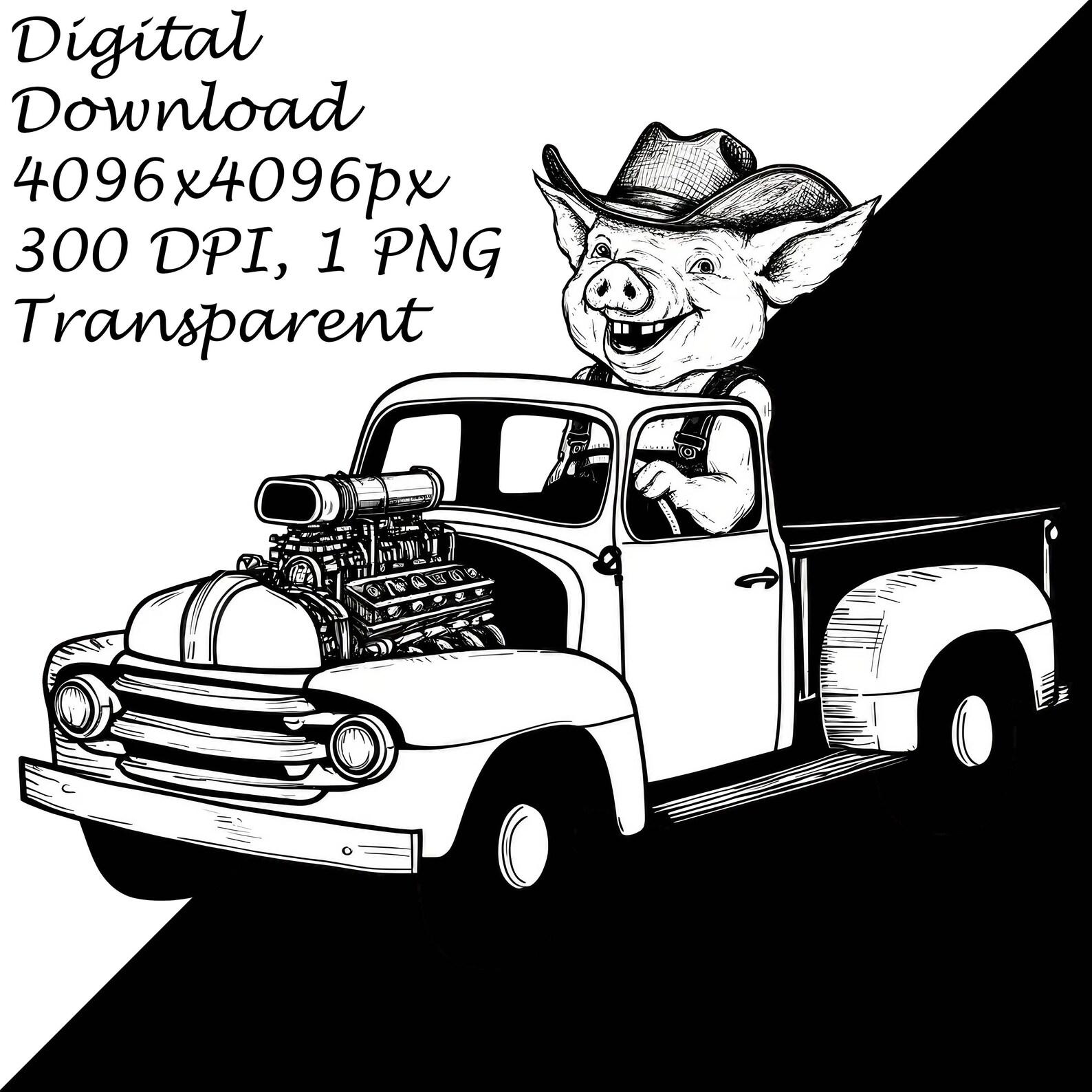 Vintage Truck Pig Art|classic Pickup&cartoon Pig Driver Clipart|retro ...