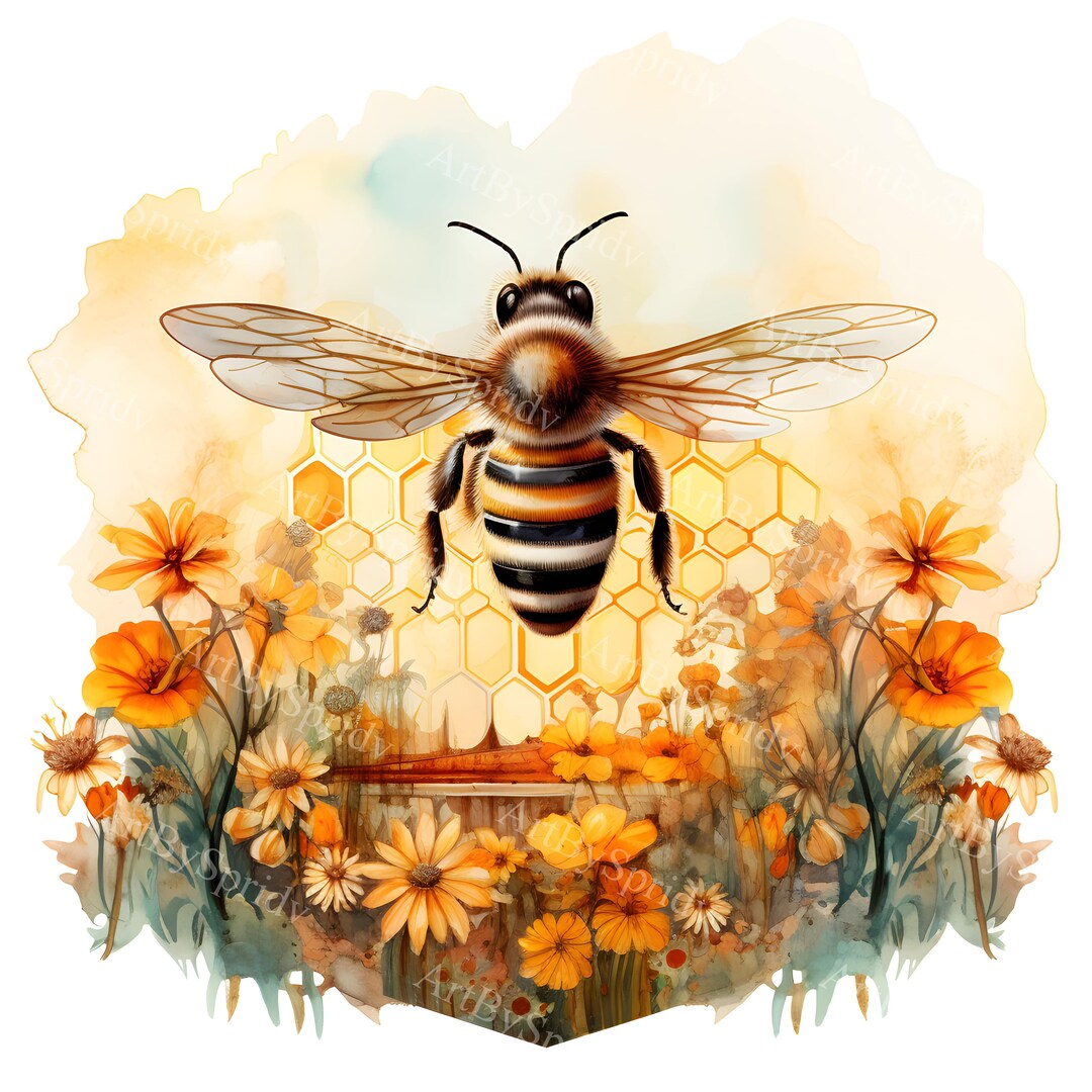 Watercolor Honey Bee Wildflowers & Rustic Beehive PNG Clipart ...