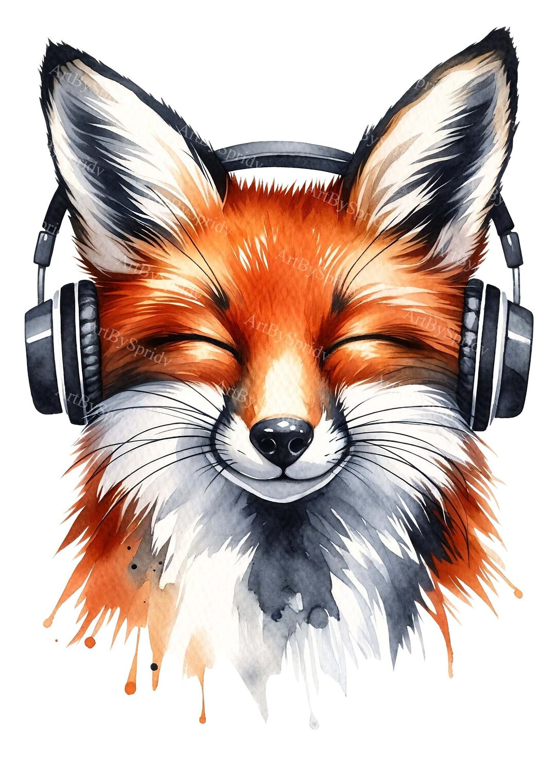 Red Fox Digital Clipart PNG - Music-themed Fox With Headphones for DTG ...