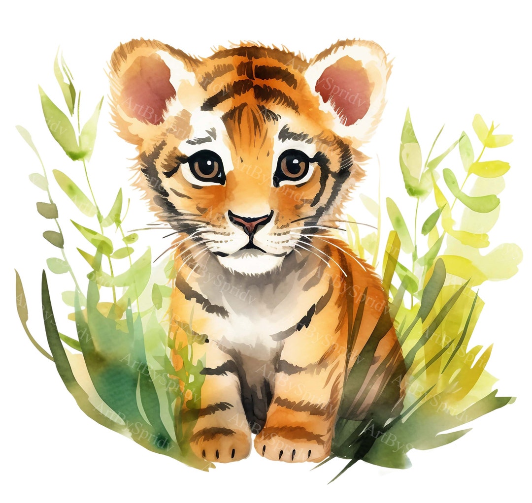 Watercolor Cute Baby Tiger Cub Surrounded by Grass - Transparent 4 PNG ...