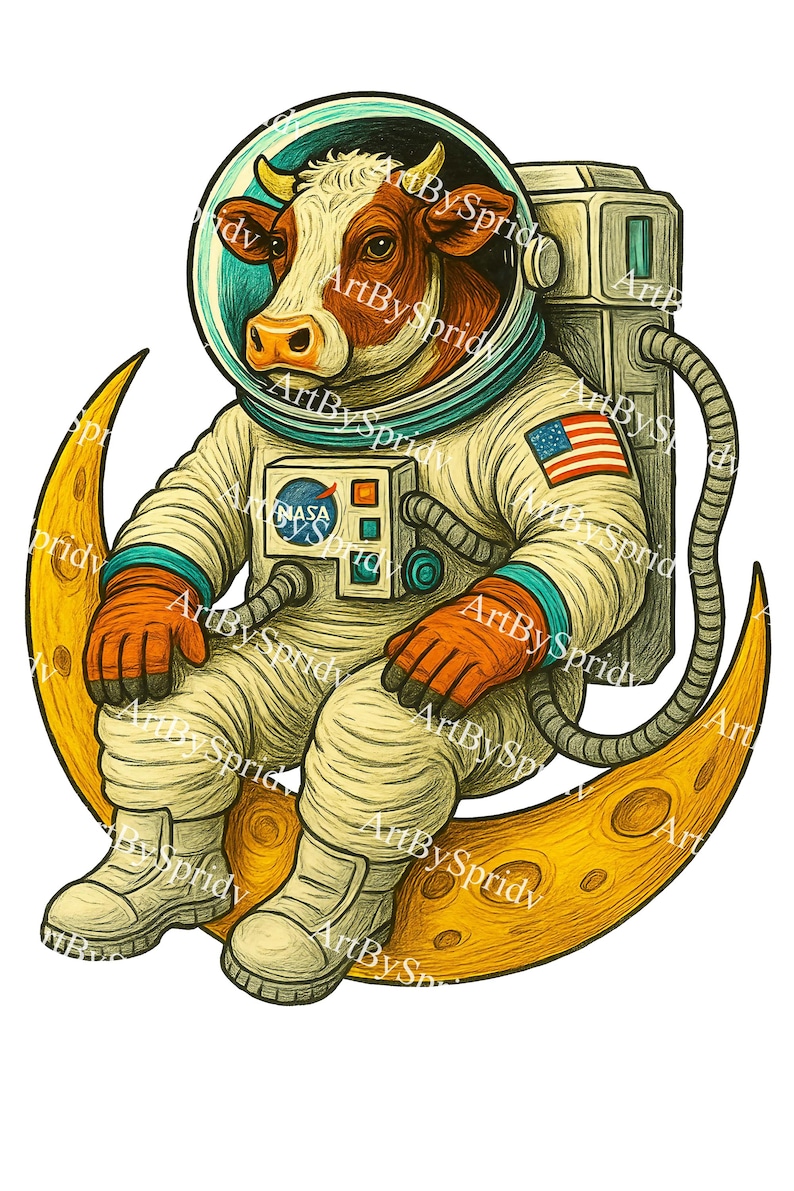 Cow Astronaut PNG Sitting on Cheese Moon, Quirky Space Animal Clipart ...