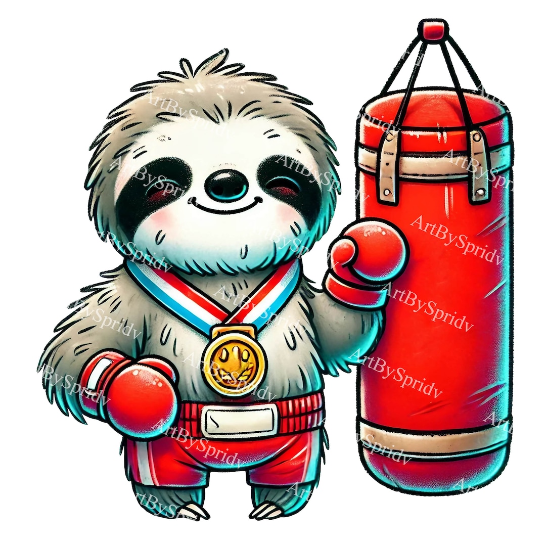 Sloth Boxing Clipart PNG - Champion Sloth With Boxing Gloves, Medal ...