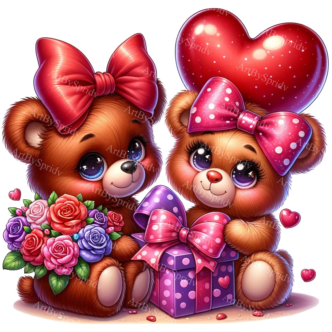 Valentine's Day Teddy Bear Clipart - Flowers, Present Box PNG for DTG ...