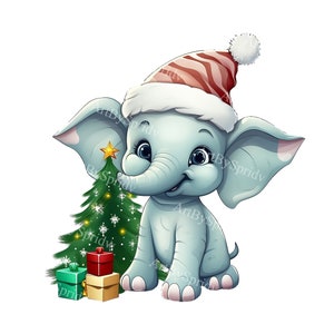 Christmas Elephant Clipart – Cute Baby Elephant With Santa Hat and ...