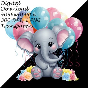 Adorable Elephant Clipart Bundle 4PCS| Floral & Balloon Elephant PNG ...