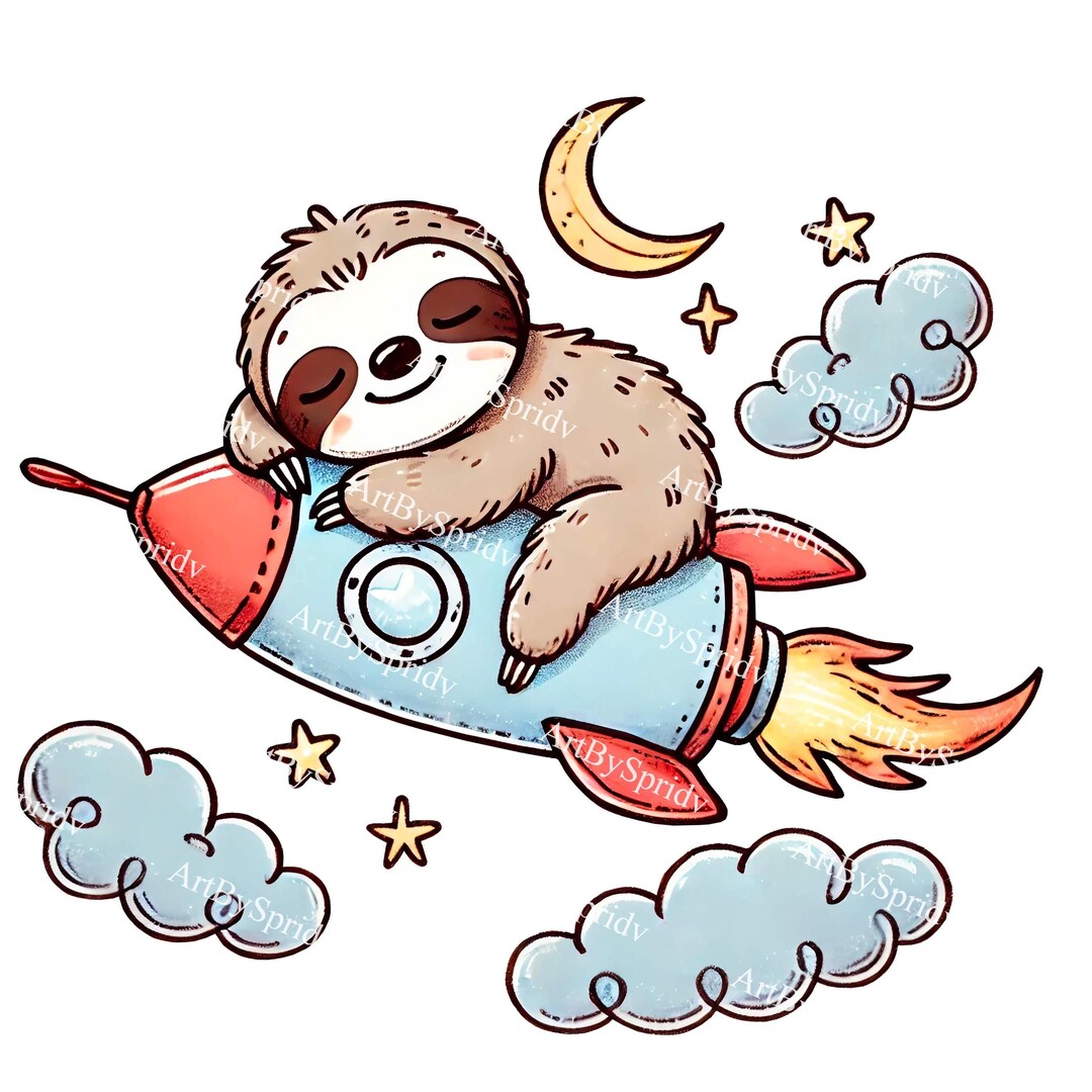 Sloth on Rocket PNG, Kawaii Space Sloth Illustration, Hand-drawn ...