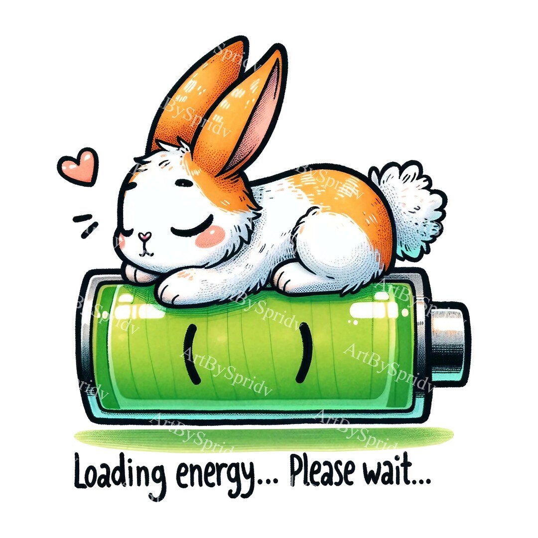 Resting Bunny on Battery Clipart, Cute Rabbit Digital Download, Power ...