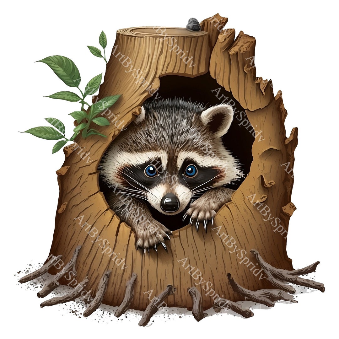 Adorable Raccoon in Tree Stump PNG Clipart, Cute Woodland Animal ...