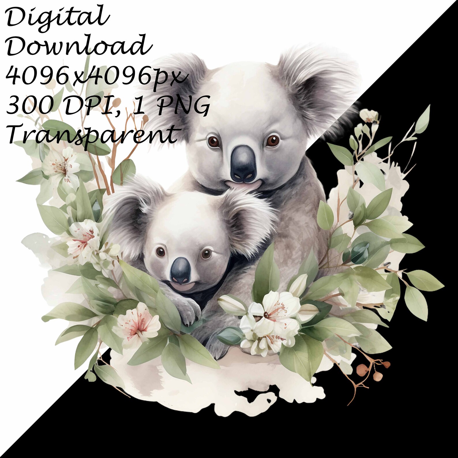 Koala Clipart Set, Watercolor Eucalyptus Koala Family Digital PNG ...