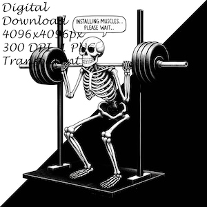 Skeleton Lifting Barbell Clipart - Muscle Building PNG, Gym Humor, DTG ...