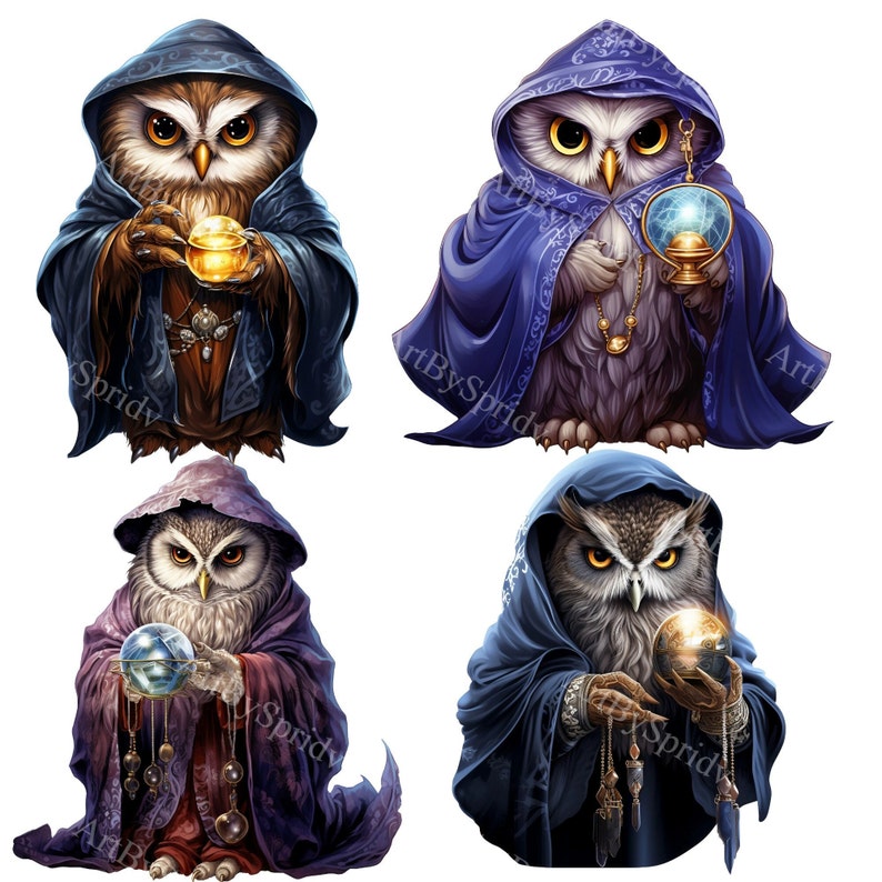 4 Pack Owl in Wizard's Robe With Magic Crystal Ball Transparent PNG ...