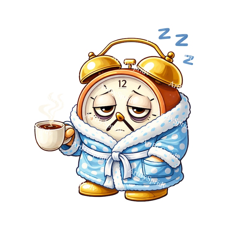 Sleepy Alarm Clock PNG, Funny Morning Coffee Clipart, Tired Clock in ...