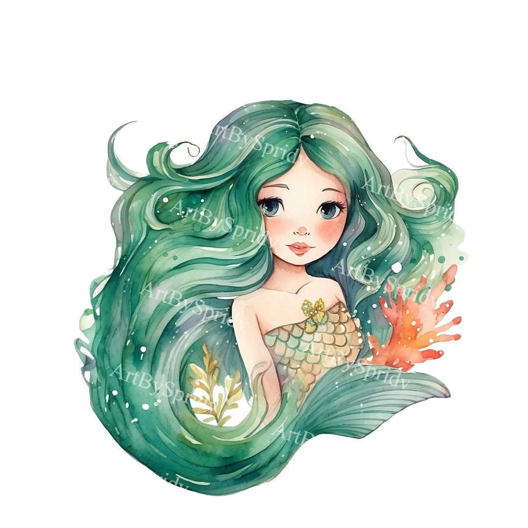 Watercolor Mermaid Princess PNG Clipart, Ocean Fantasy Clip Art, Cute ...