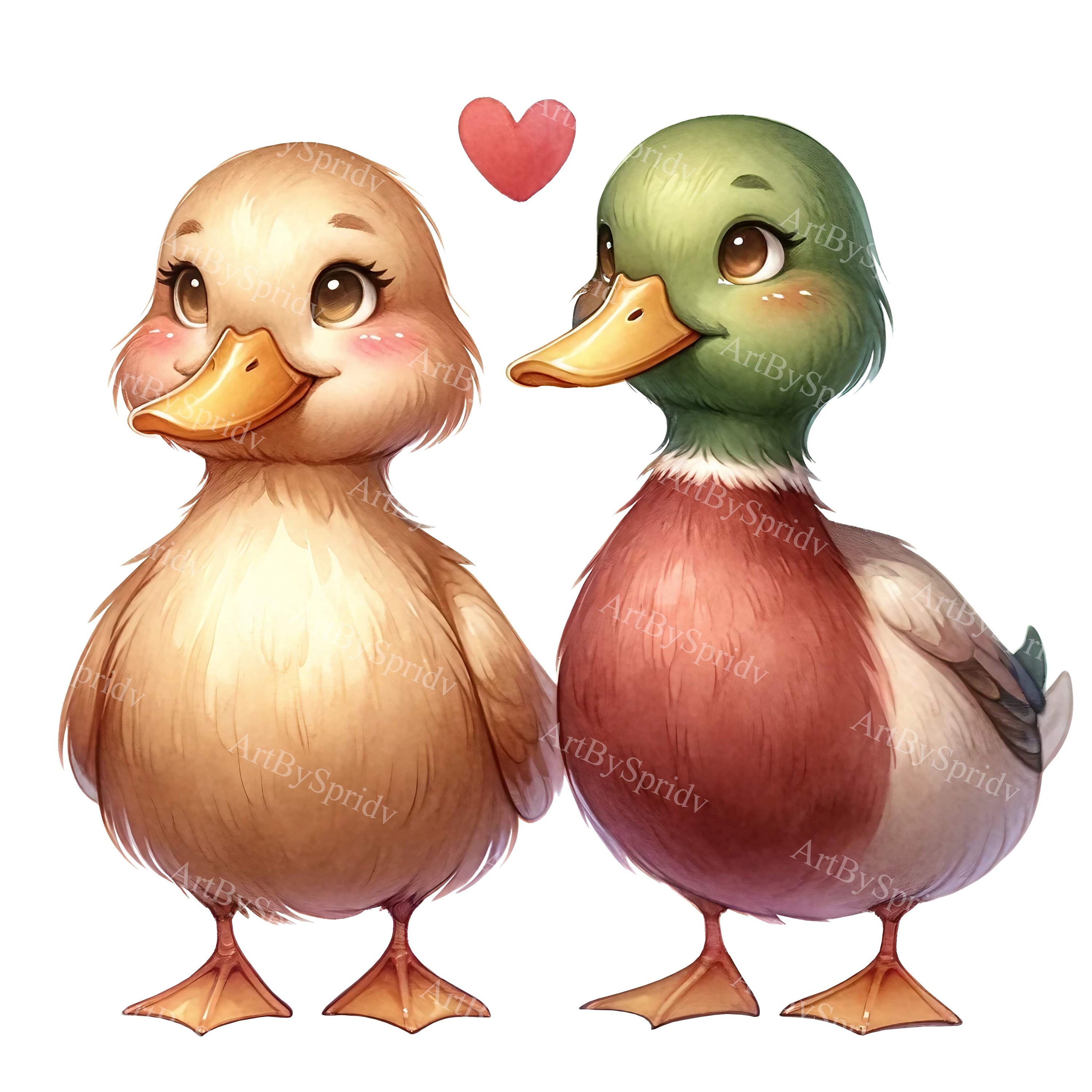 Watercolor Cartoon Ducks Clipart - Heart-themed Digital PNG for DTG, T ...