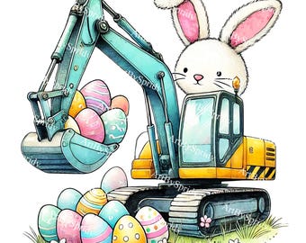 Cute Easter Bunny Driving Excavator With Colorful Eggs PNG, Watercolor ...