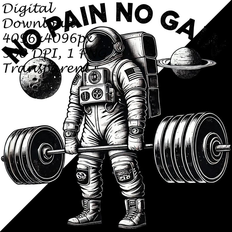 Astronaut Deadlift Design, No Pain No Gain Gym Print, Space ...