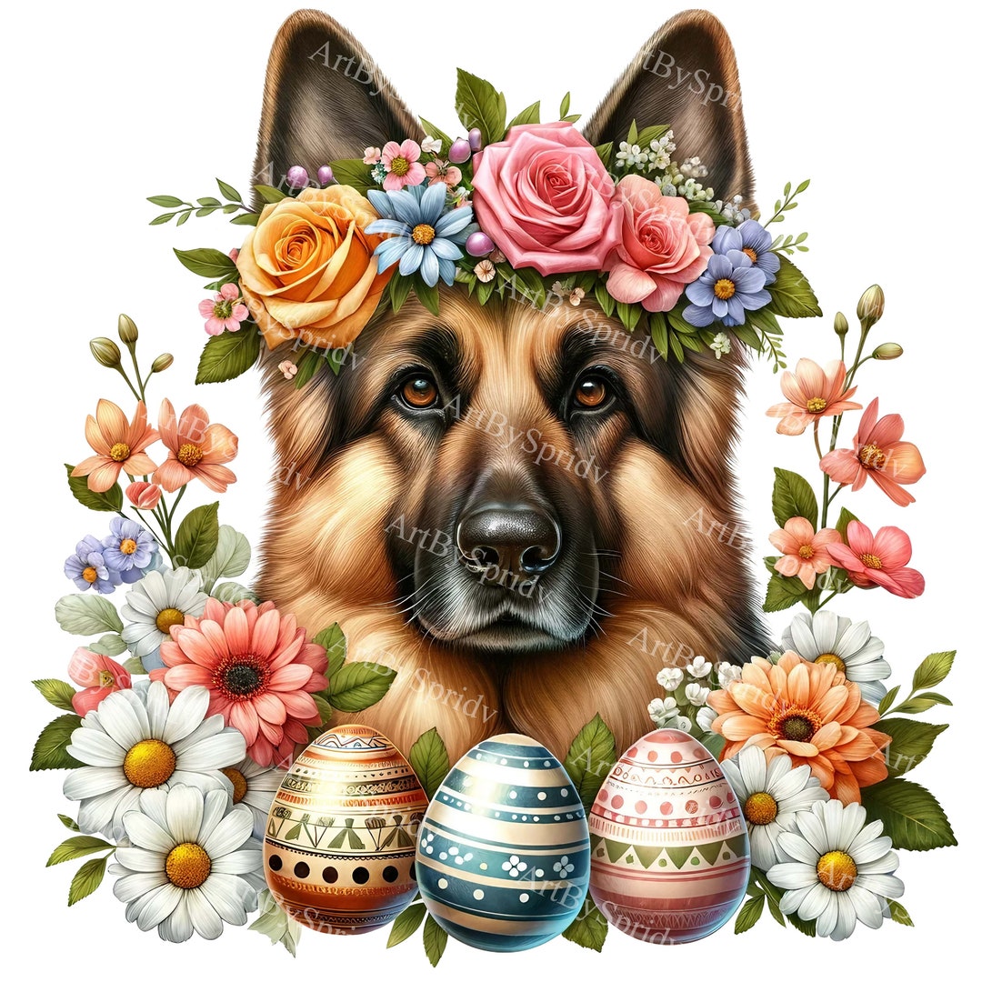 Easter German Shepherd Digital Clipart, Floral Dog Sublimation Png ...