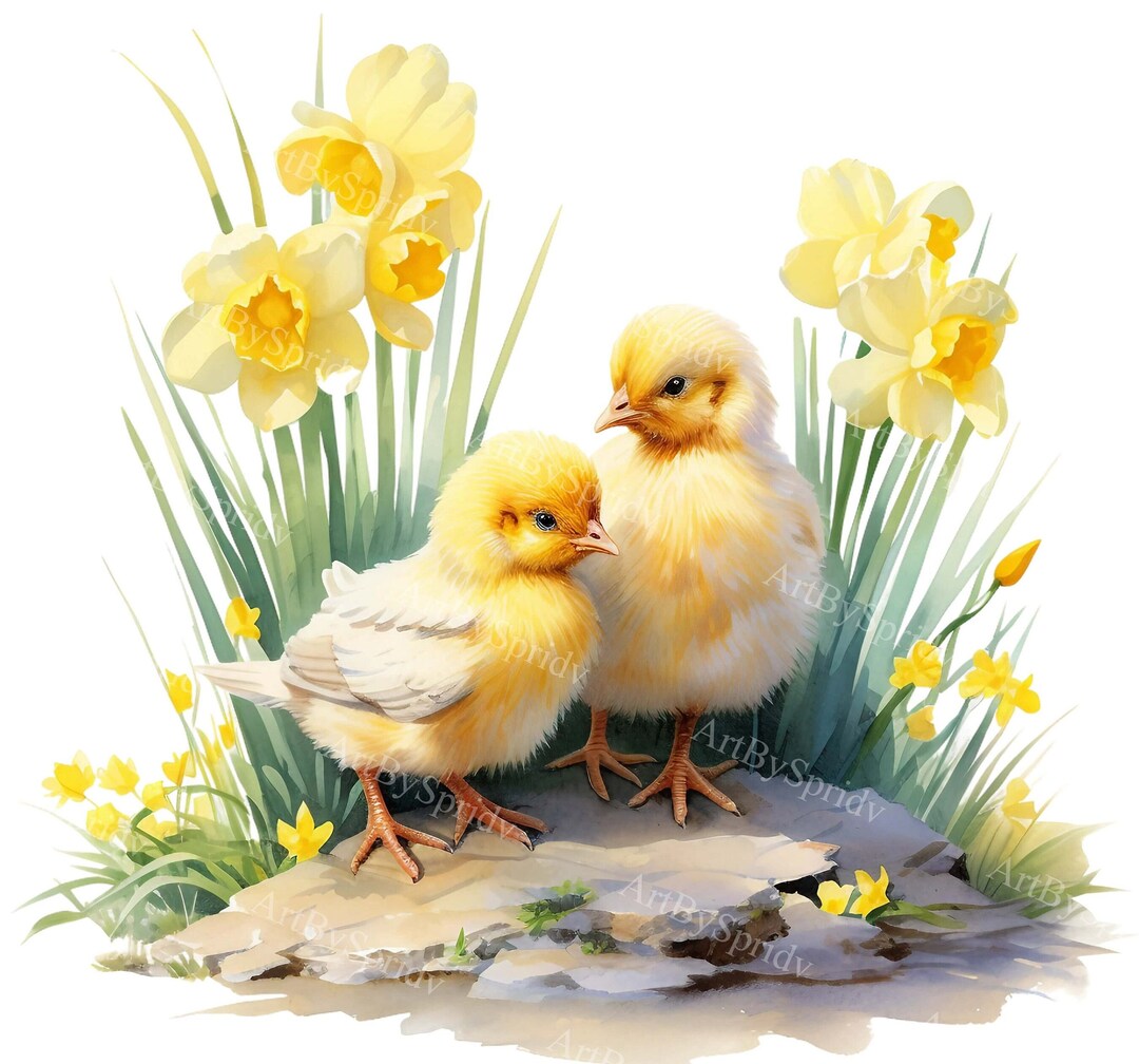Charming Chickens Foraging Among Bright Daffodils Clipart Set|4 PCS ...