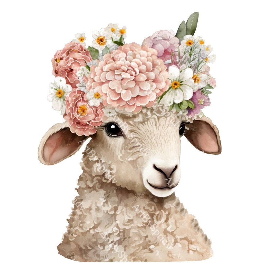 Floral Sheep With Flower Crown Transparent PNG Clipart, Whimsical Farm ...