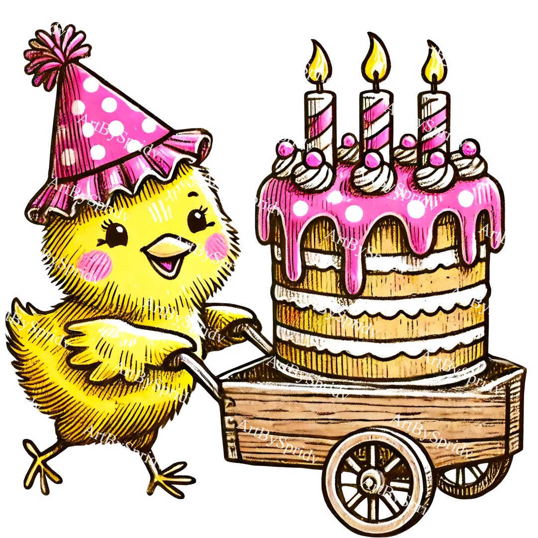 Cute Birthday Chick PNG, Vintage Party Chicken With Cake Clipart ...