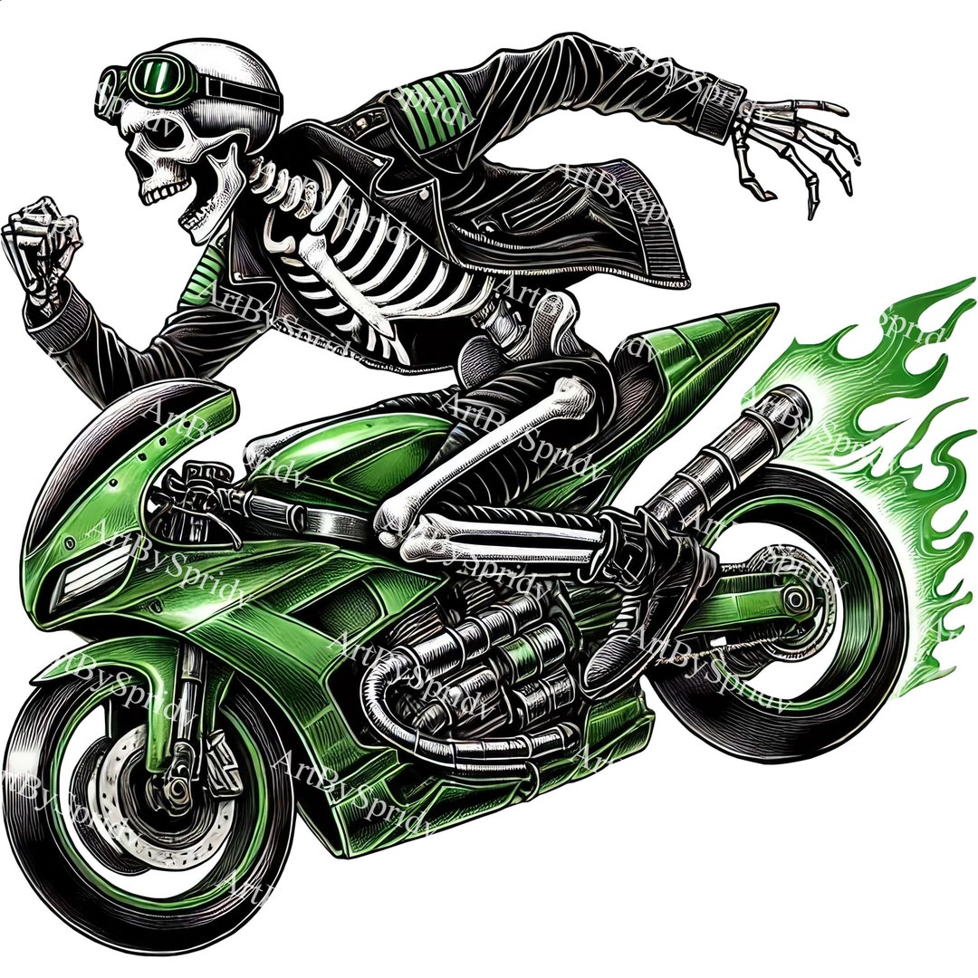 Futuristic Green Motorcycle Skeleton Rider PNG Clipart, Cool Skull ...