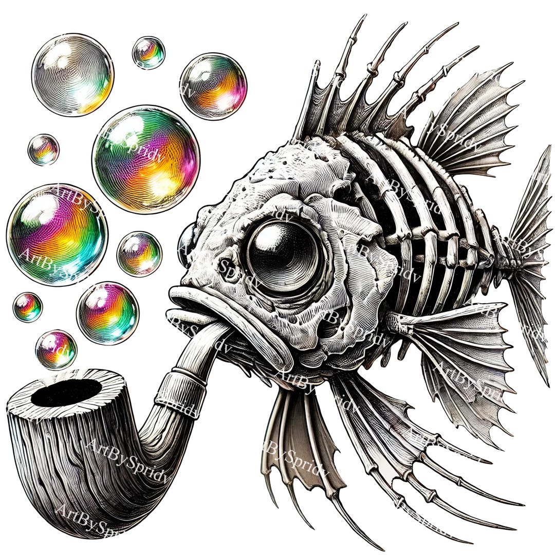 Steampunk Skeleton Fish PNG, Surreal Pipe-smoking Fish Transparent ...