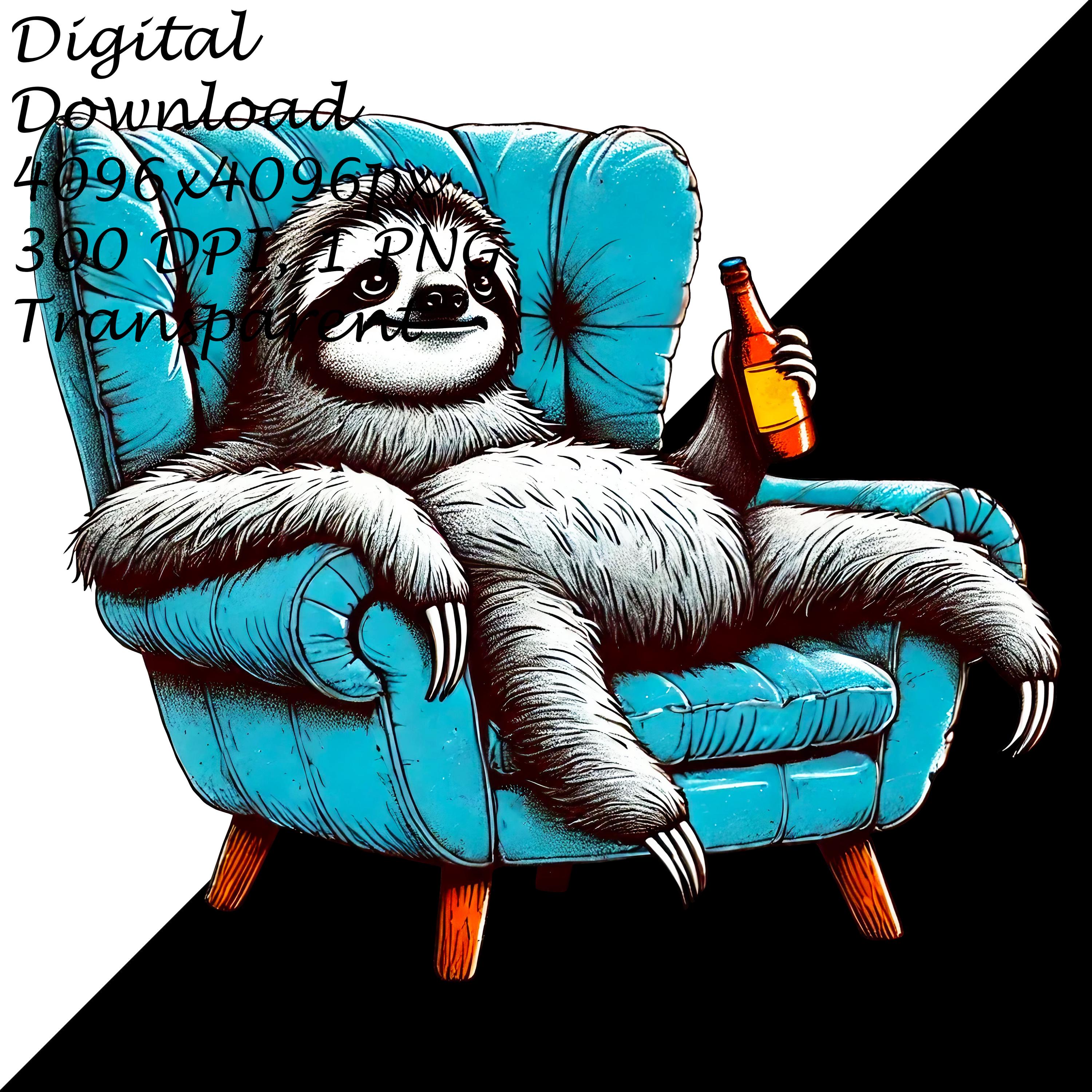 Lazy Sloth Clipart PNG – Cartoon Sloth Relaxing in Armchair With Beer ...