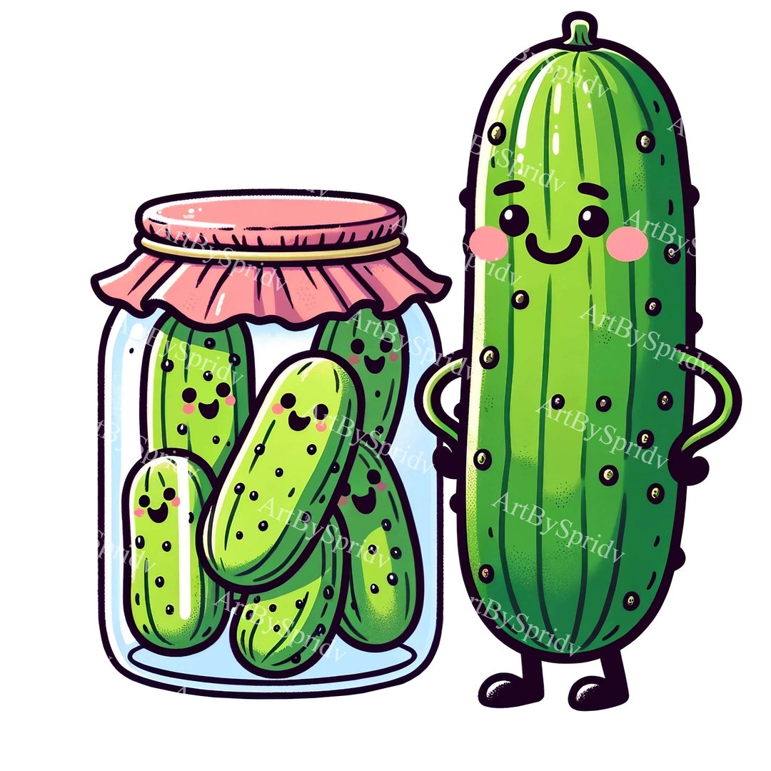 Cheerful Cucumber and Pickle Jar Clipart | Kawaii Vegetables PNG | Cute Canning Sublimation ...