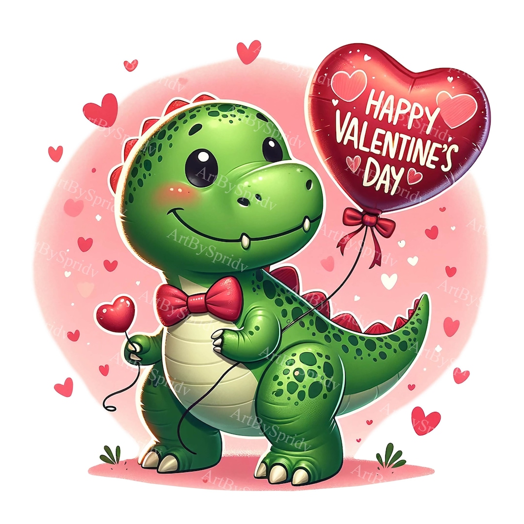 Valentine's Day T-rex Clipart - Cartoon Dinosaur With Heart Balloon ...