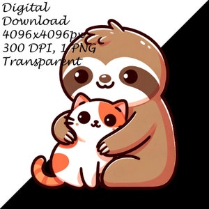 Sloth Hugs Cat Digital Clipart - Cute Animal Friends PNG for ...