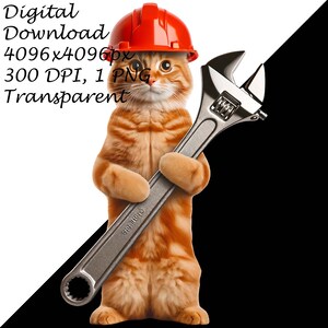 Adorable Handyman Cat With Wrench Clipart - Construction Digital PNG ...