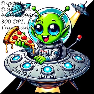 Alien Pizza PNG | Funny UFO Cartoon Clipart | Kawaii Space Alien Eating ...