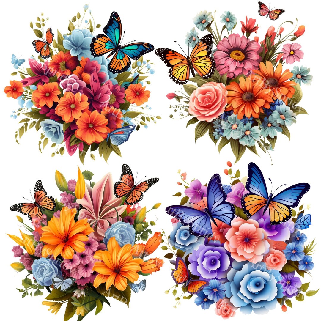 Floral & Butterfly PNG Clipart Set: Vibrant Printable Sublimation ...