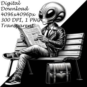 Alien Reading Newspaper Clipart-black&white Extraterrestrial Image-sci ...