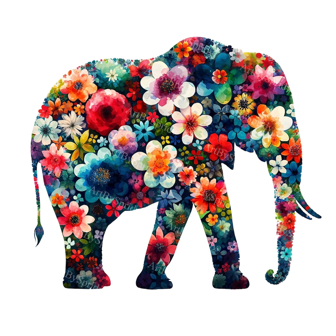 Colorful Floral Elephant Clipart for T-shirt, Mug, Tumbler - PNG ...