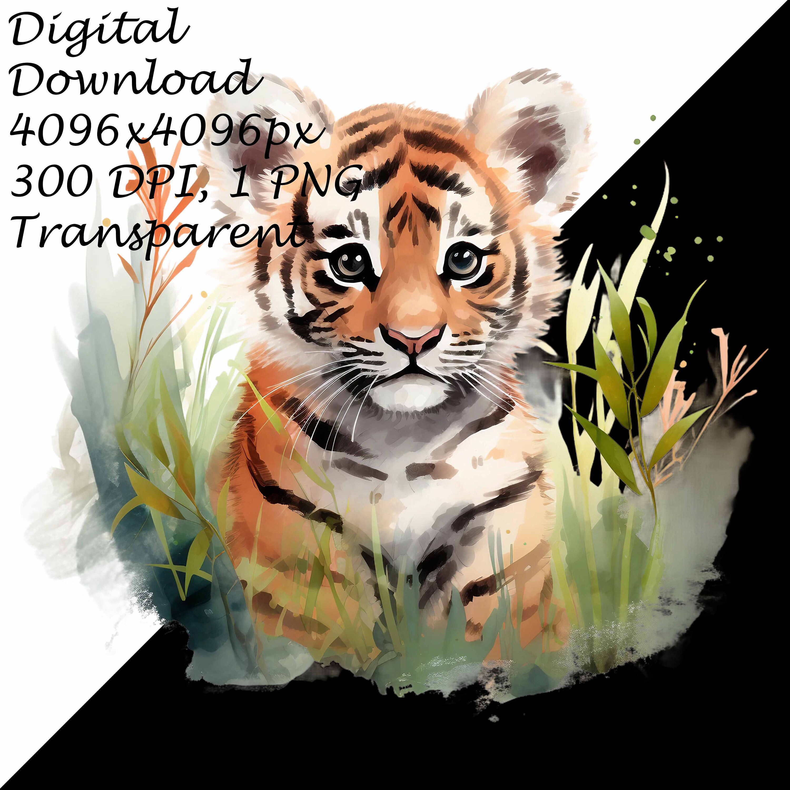 Watercolor Cute Baby Tiger Cub Surrounded by Grass - Transparent 4 PNG ...
