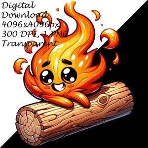 Adorable Fire and Log Clipart - Printable Sublimation PNG, Cute ...