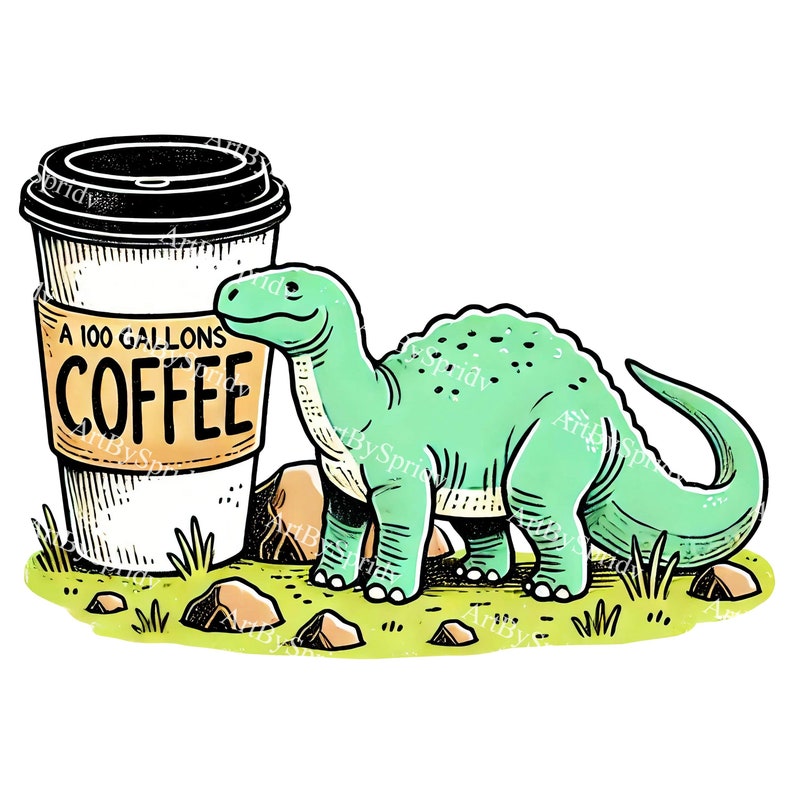 Dinosaur With Giant Coffee Cup, 100 Gallons Coffee Lover PNG Clipart ...