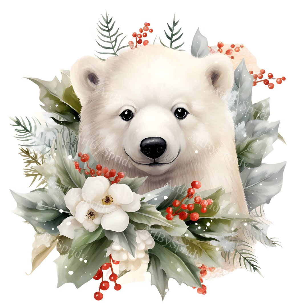 Polar Bear Watercolor Clipart With Christmas Flowers|festive Animal ...