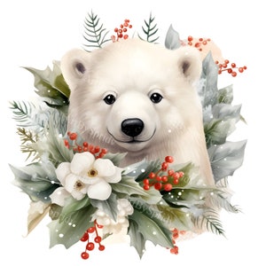 Polar Bear Watercolor Clipart With Christmas Flowers|festive Animal ...