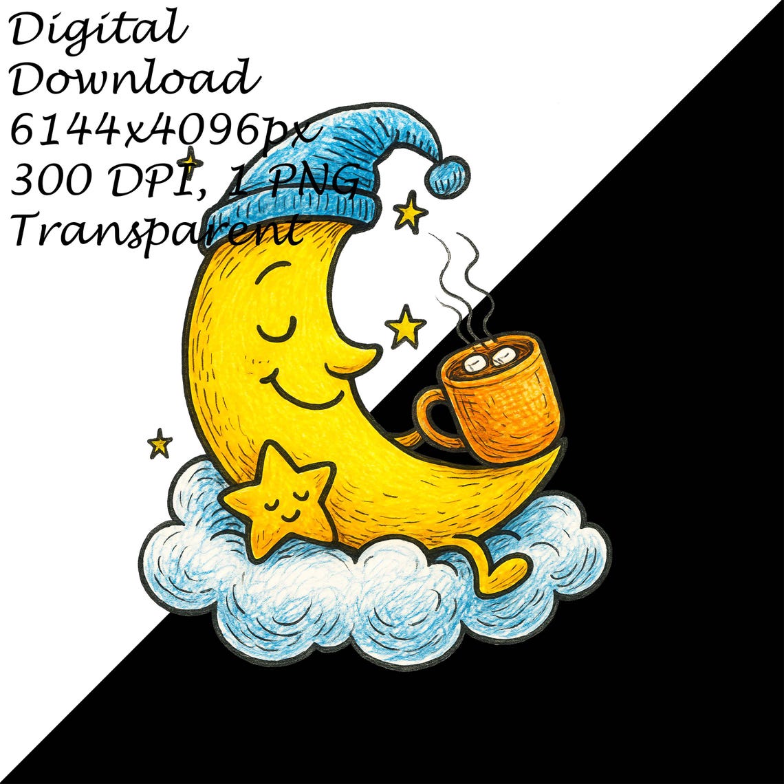 Cute Moon With Coffee Clipart PNG, Kawaii Crescent Moon With Sleep Hat ...