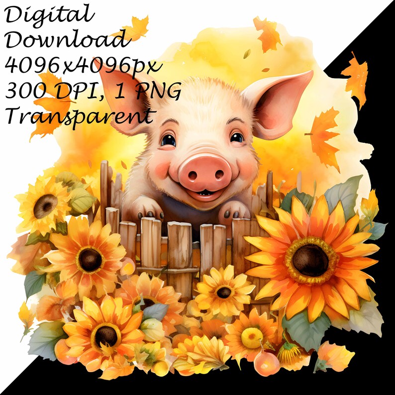 Autumn Piglet Clipart Smiling Pig in Fall Leaves With Sunflowers ...